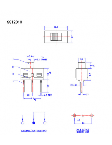Sliding SS12D10 3 pin 3A 250V switch 5mm slide