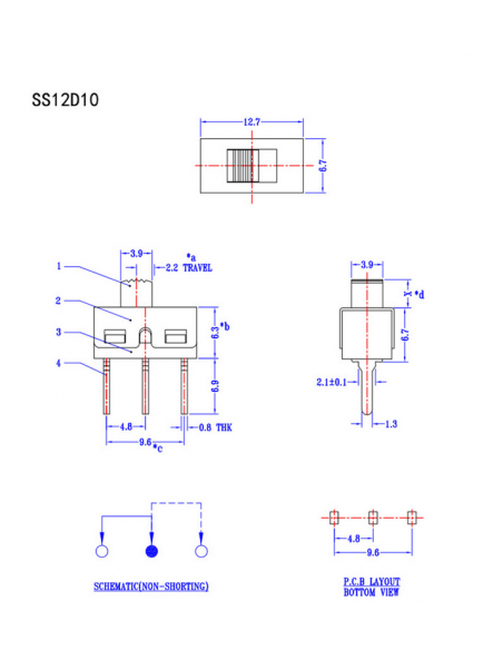 Sliding SS12D10 3 pin 3A 250V switch 5mm slide
