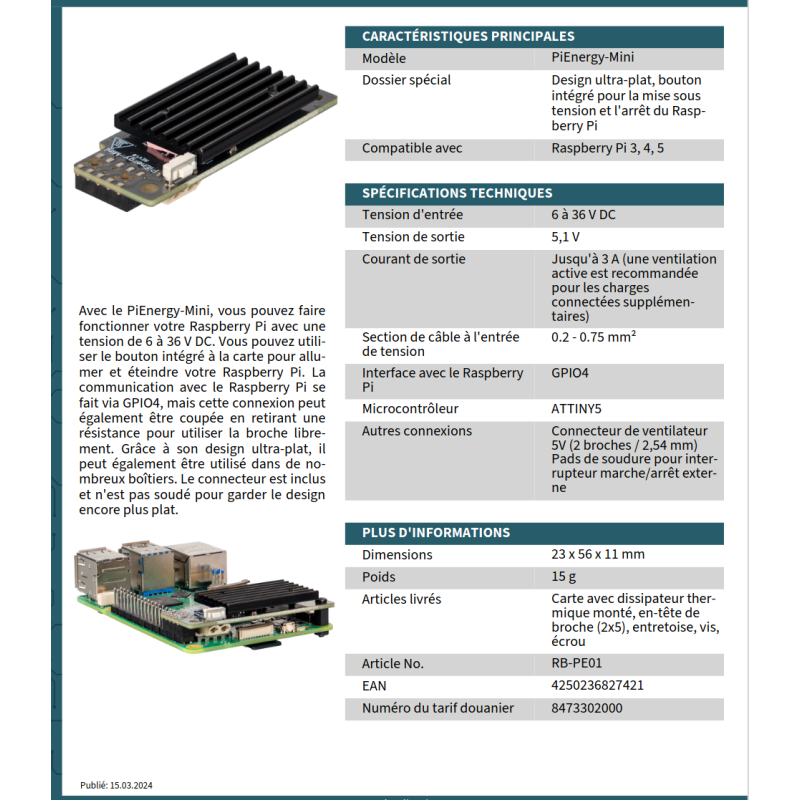 Module Pi Energy INPUT 6-36V OUT 5.1V Mini pour Raspberry Pi 4/5 Series