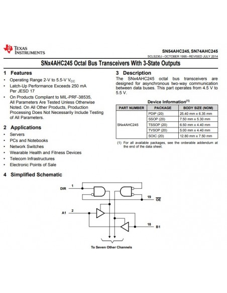 SN74AHC245 Transceiver, 3-state Non-Inverting 1 Element 8 Bit per Element 3-State Output 20-(DIP)